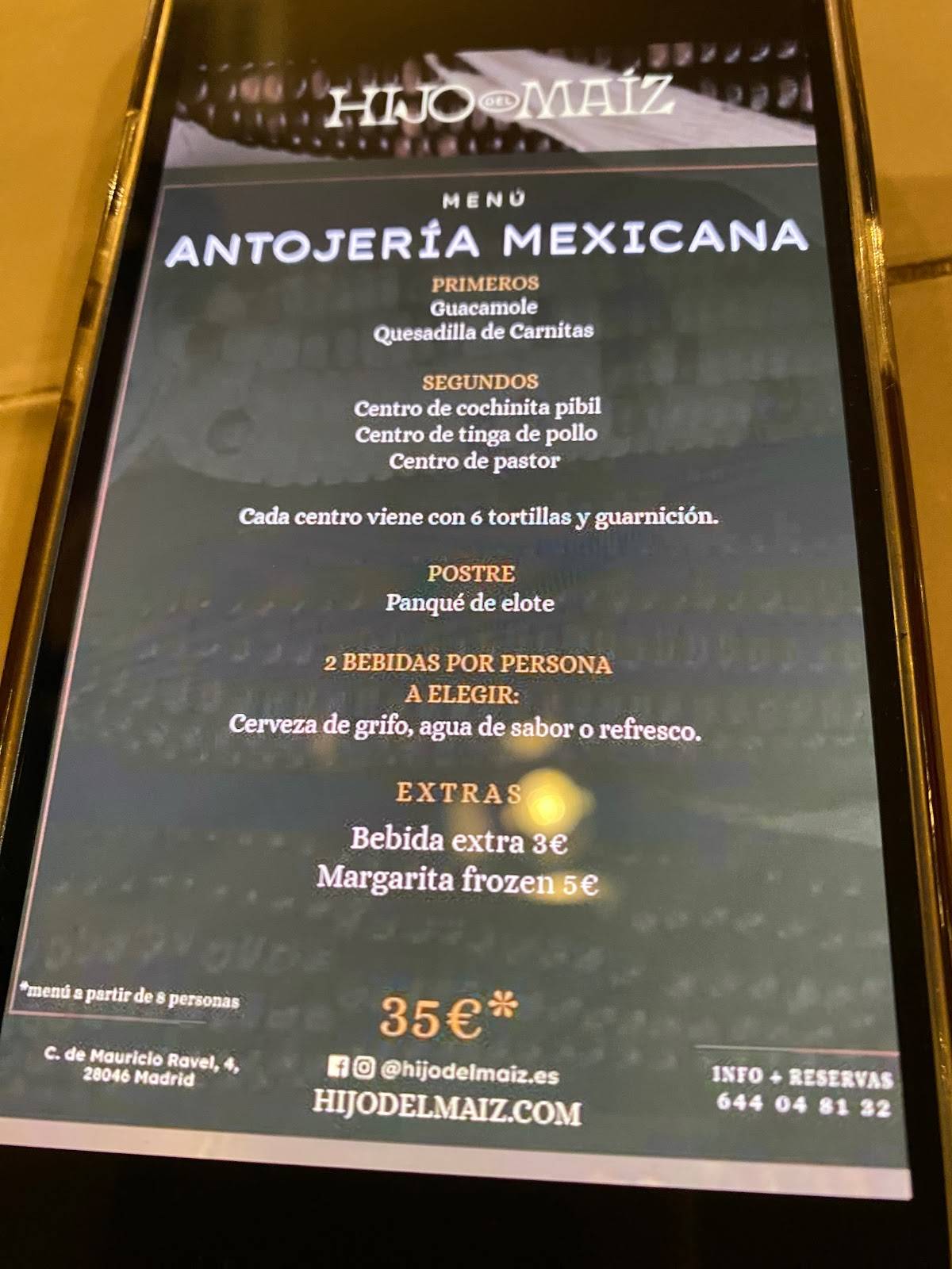 Carta del restaurante Hijo Del Maíz - Antojería, Madrid