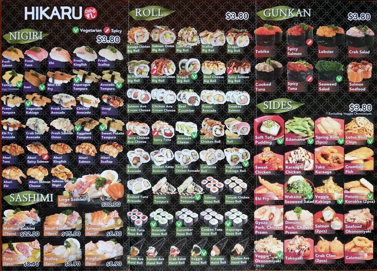 Menu at HIKARU Sushi restaurant, The Gap