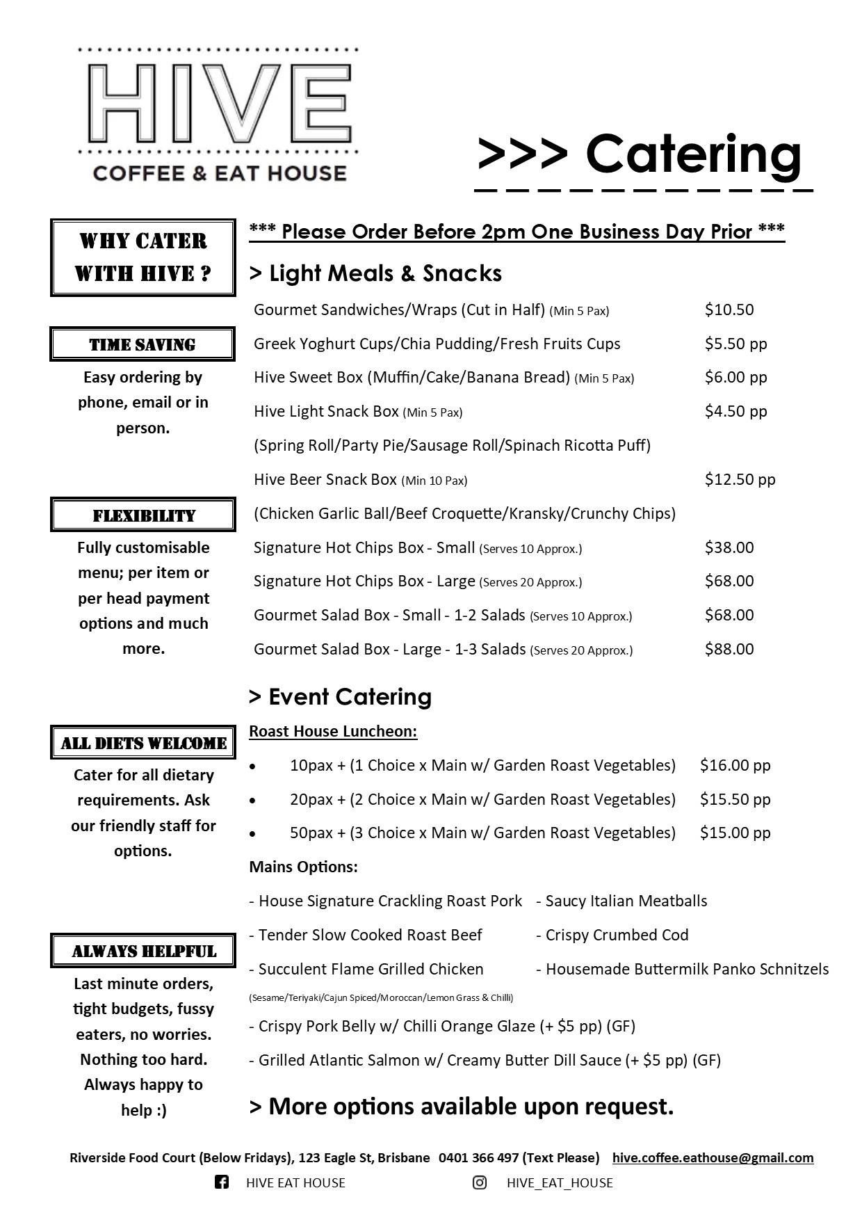Menu at HIVE Coffee & Eat House cafe, Brisbane City, Under Friday’s