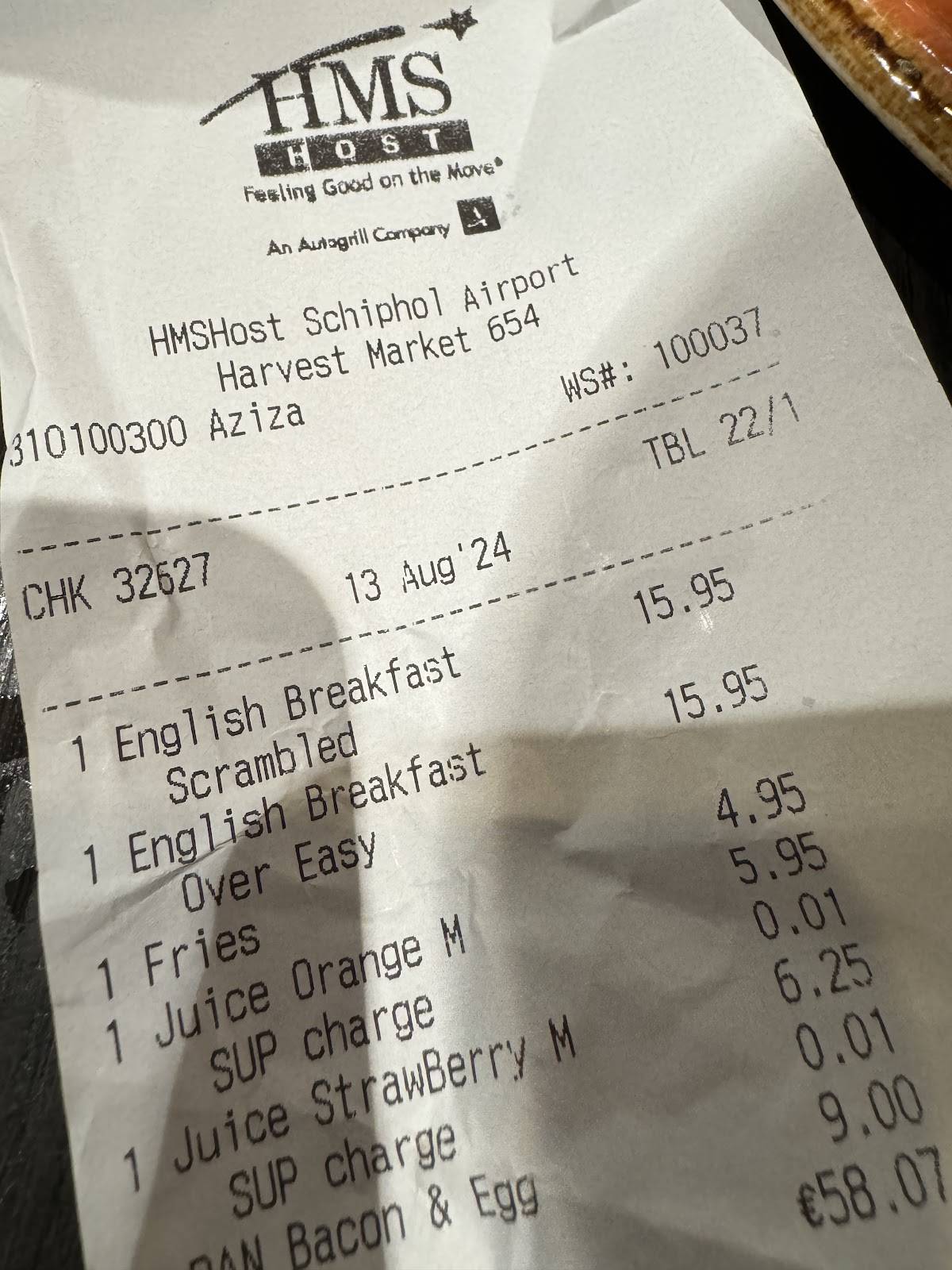 Menu at HMSHost, Schiphol