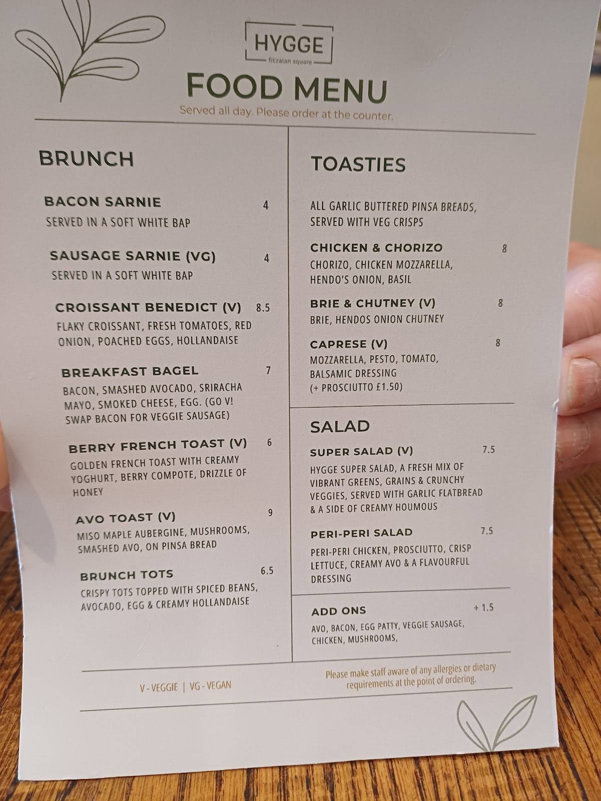 Menu at HYGGE Fitzalan Square cafe, Sheffield