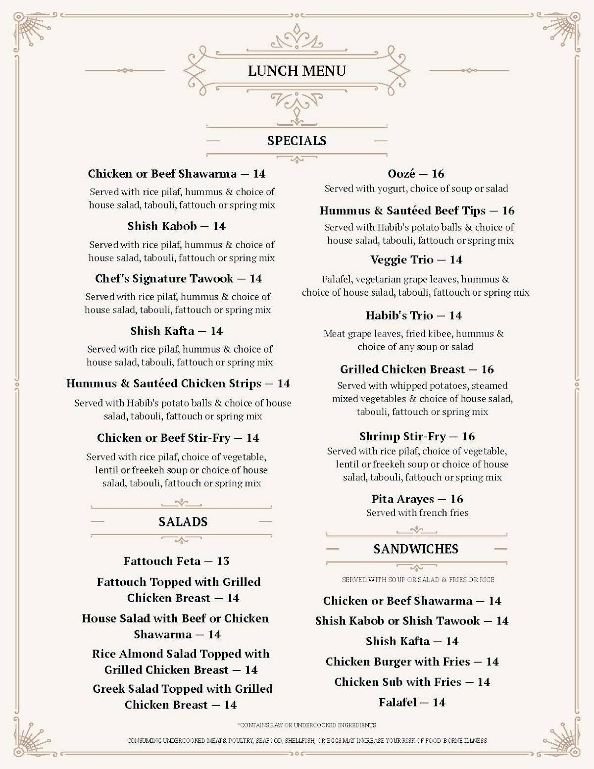 Menu at Habib's Cuisine restaurant, Dearborn, Michigan Ave
