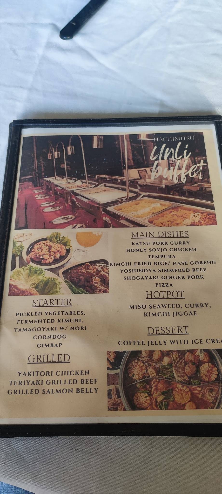 Menu at Hachimitsu restaurant, Cebu City