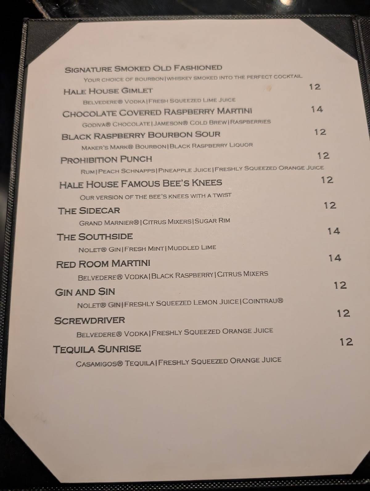Menu at Hale House restaurant, Charleston