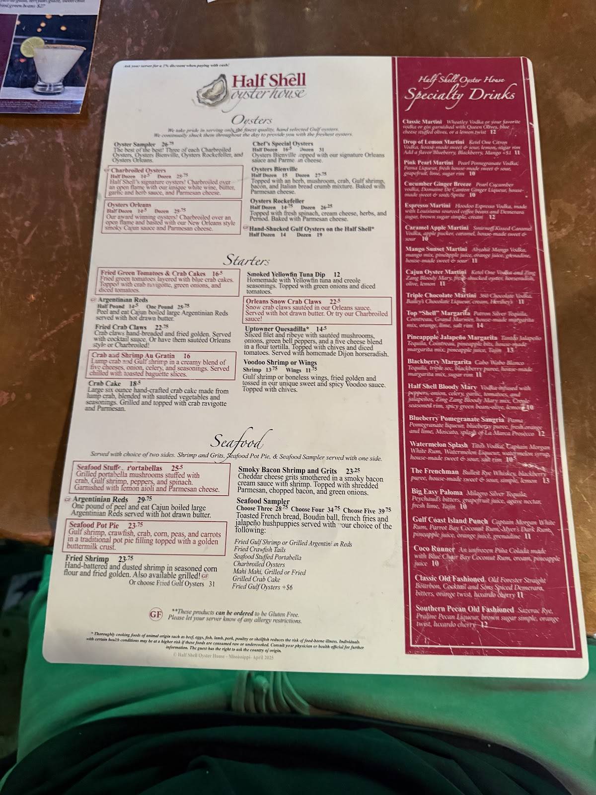 Menu at Half Shell Oyster House restaurant, Biloxi, 125 Lameuse St