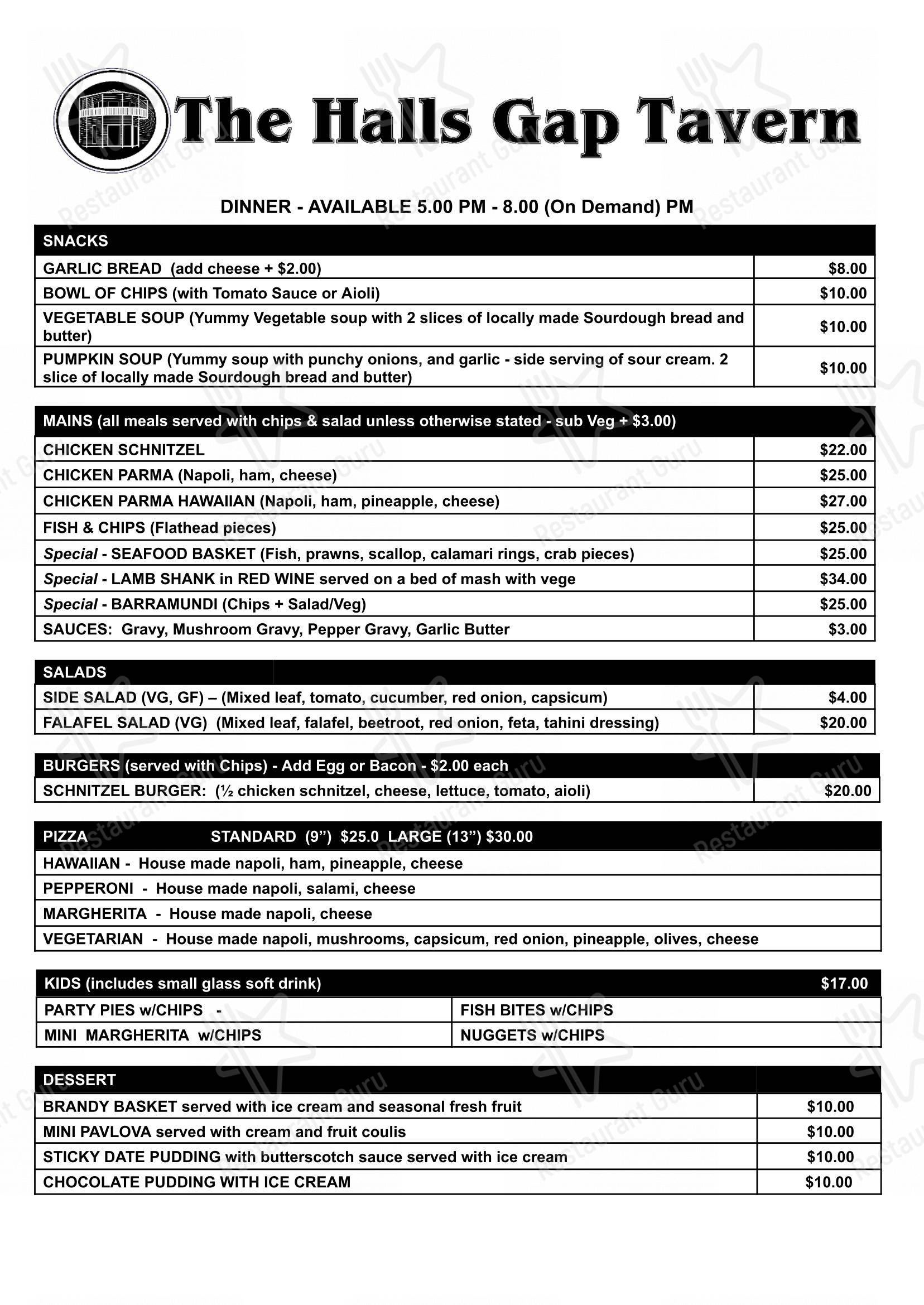 Menu at Halls Gap Tavern pub & bar, Halls Gap, 124-126 Grampians Rd