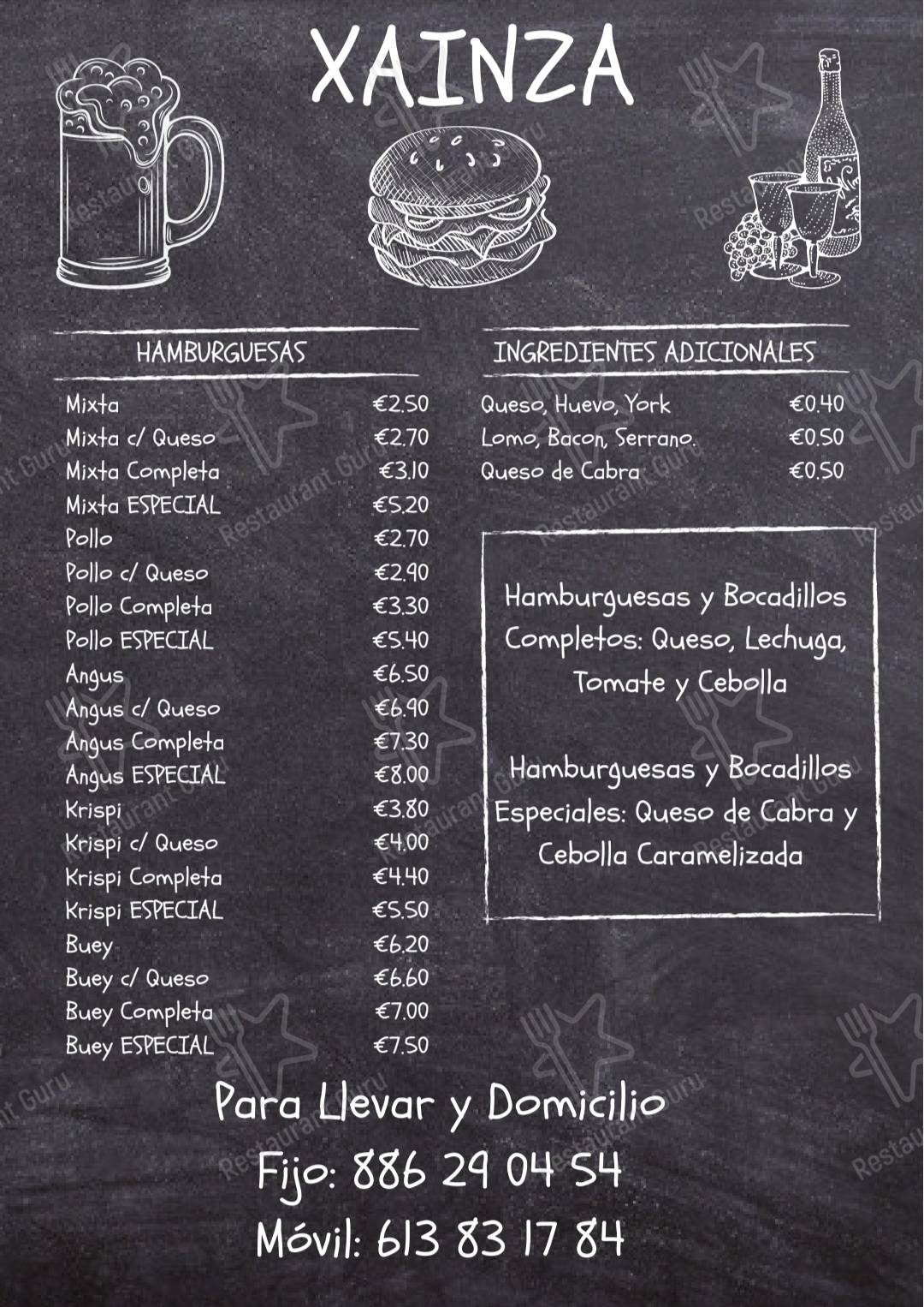 Carta del restaurante Hamburguesería Xainza, Marín