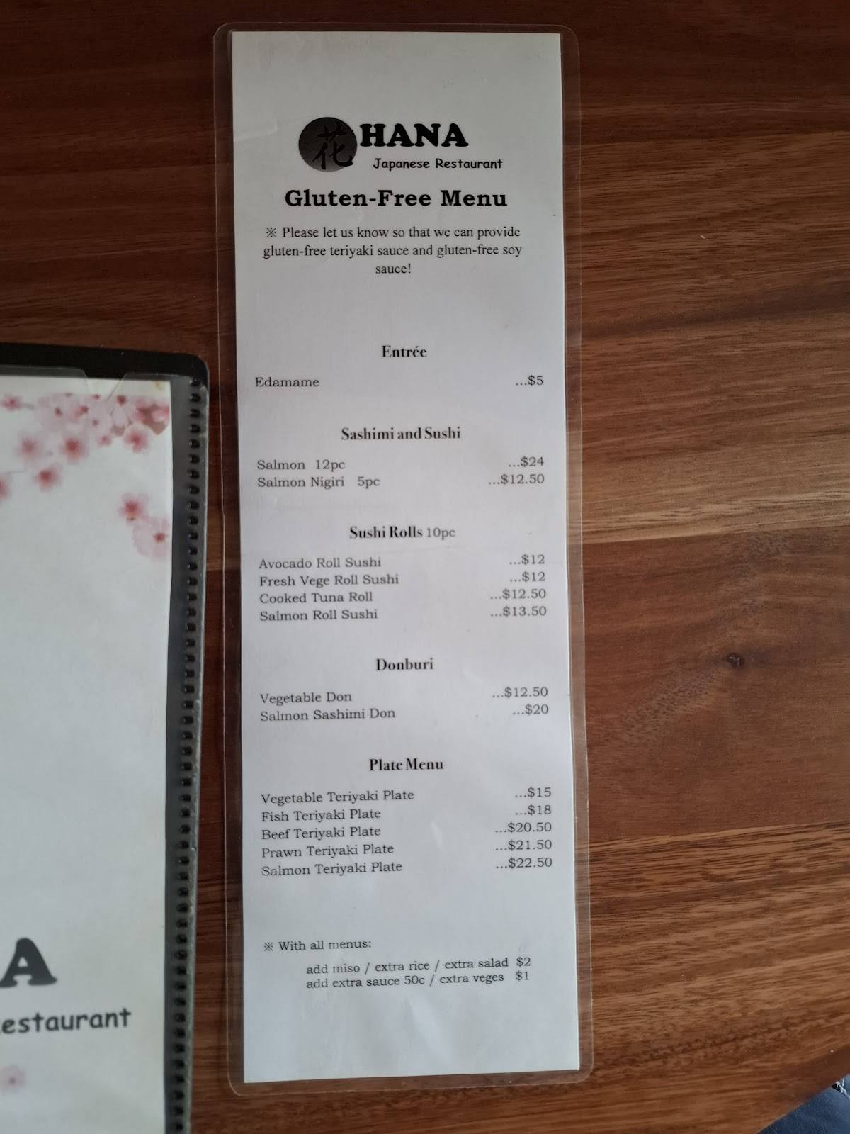 Menu at Hana Japanese Restaurant, Dunedin