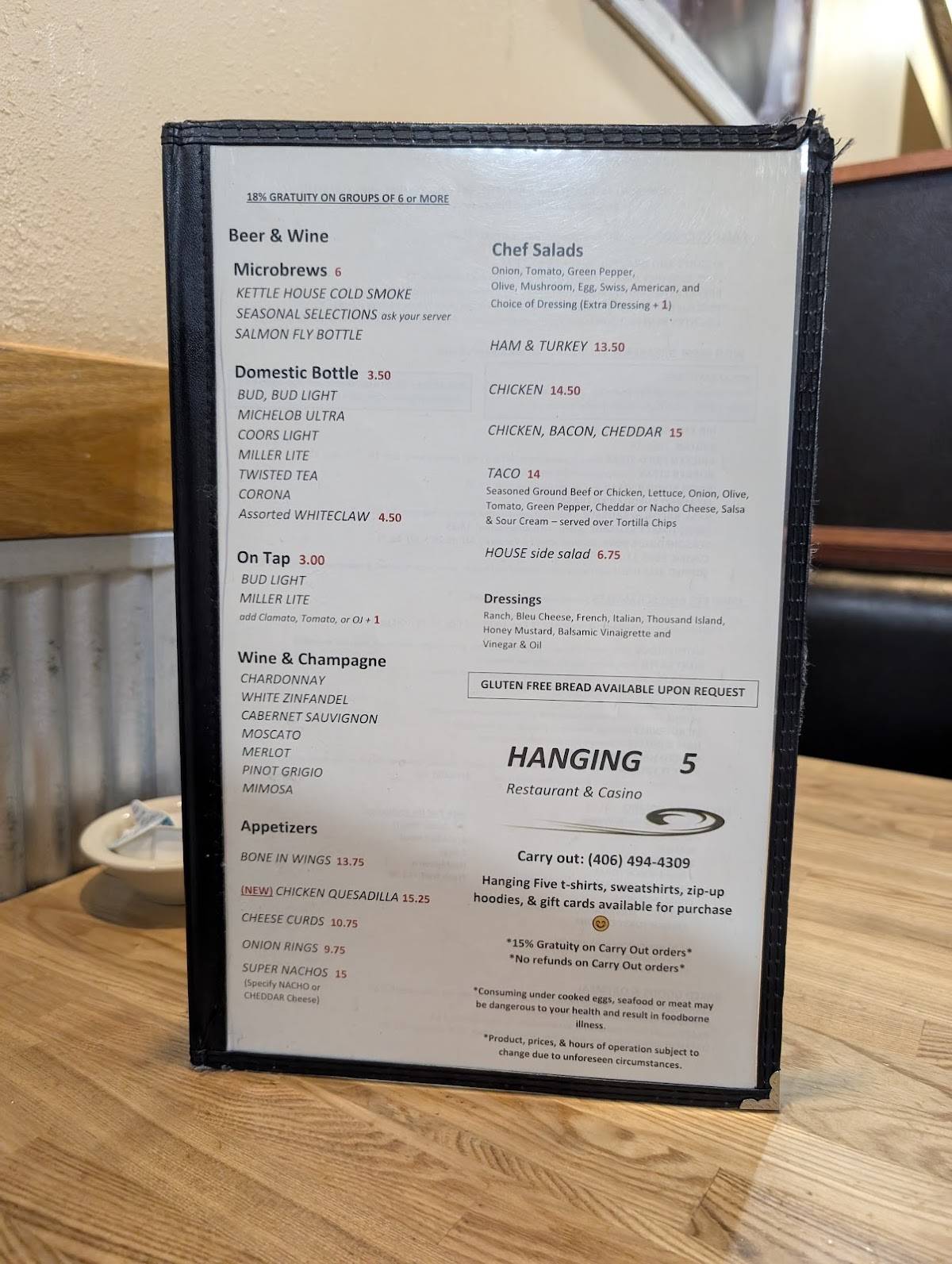 Menu at Hanging Five Restaurant, Butte