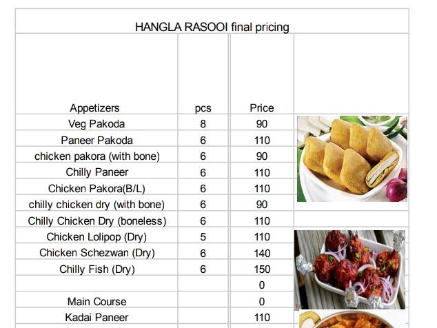Menu at Hangla Rasooi, Durgapur