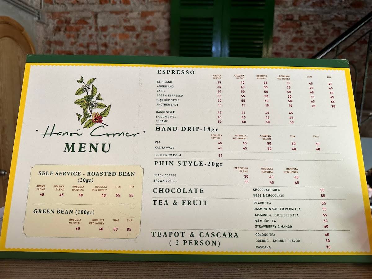 Menu at Hanoi Corner cafe, Hanoi, 29 Ngõ 2 Dốc La Pho