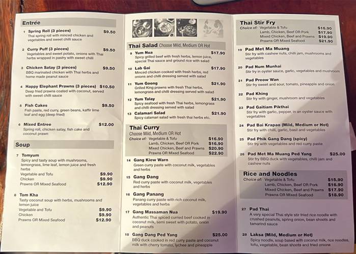 Menu at Happy Elephant Thai restaurant, Barham
