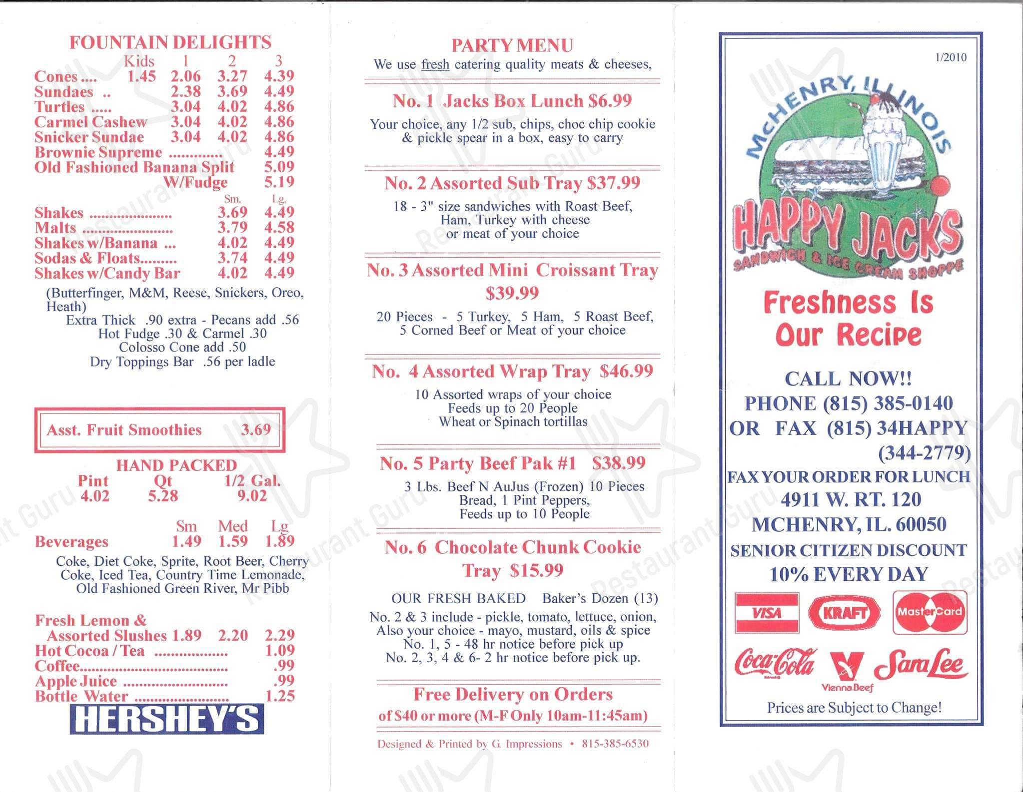 Menu at Happy Jack's Submarines restaurant, McHenry