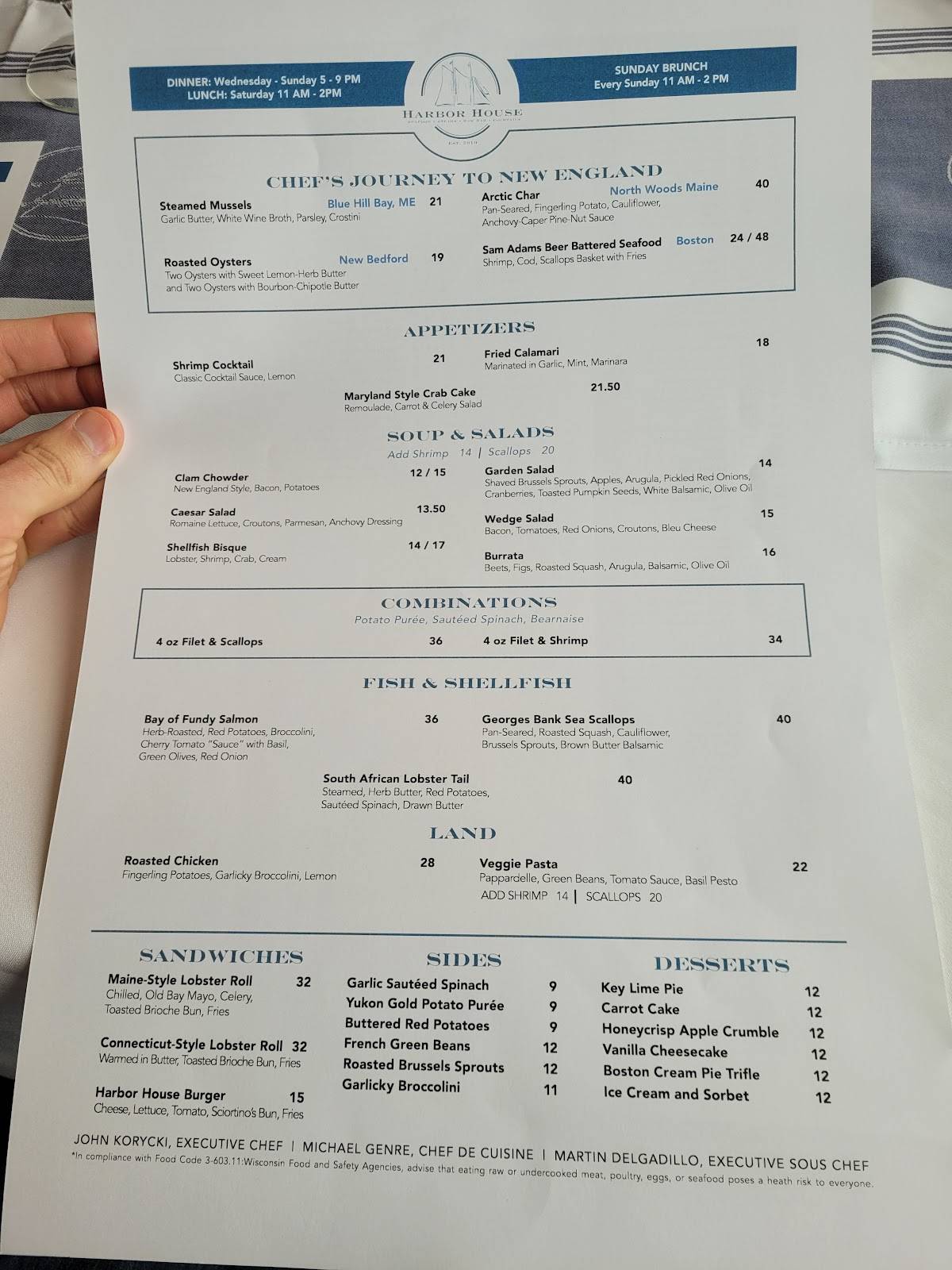 Menu at Harbor House restaurant, Milwaukee