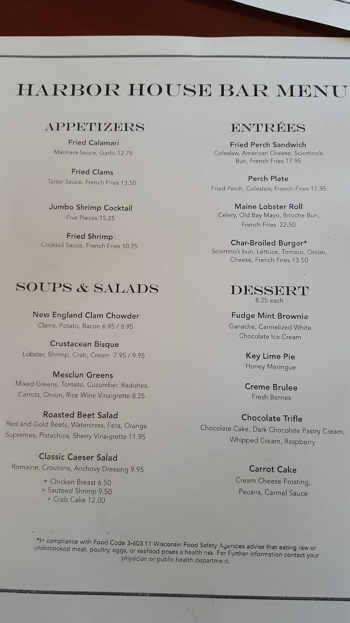 Menu at Harbor House restaurant, Milwaukee