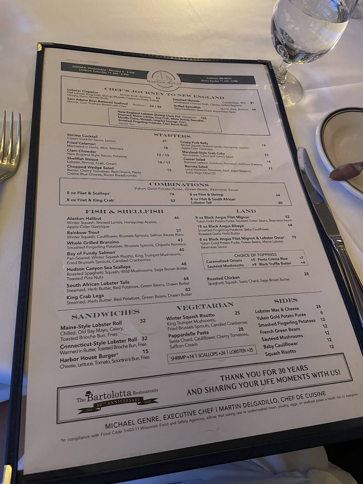 Menu at Harbor House restaurant, Milwaukee