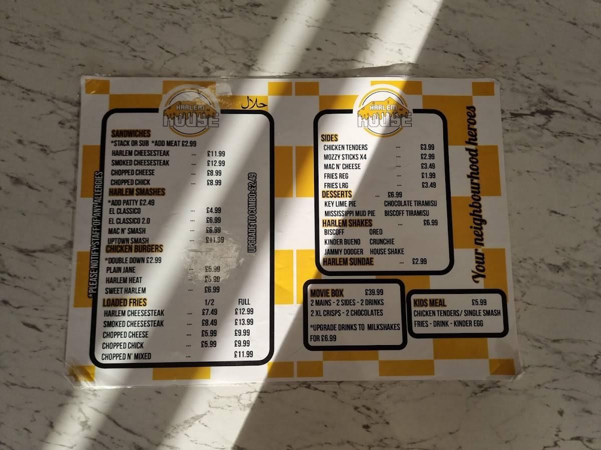Menu at Harlem House restaurant, Sheffield