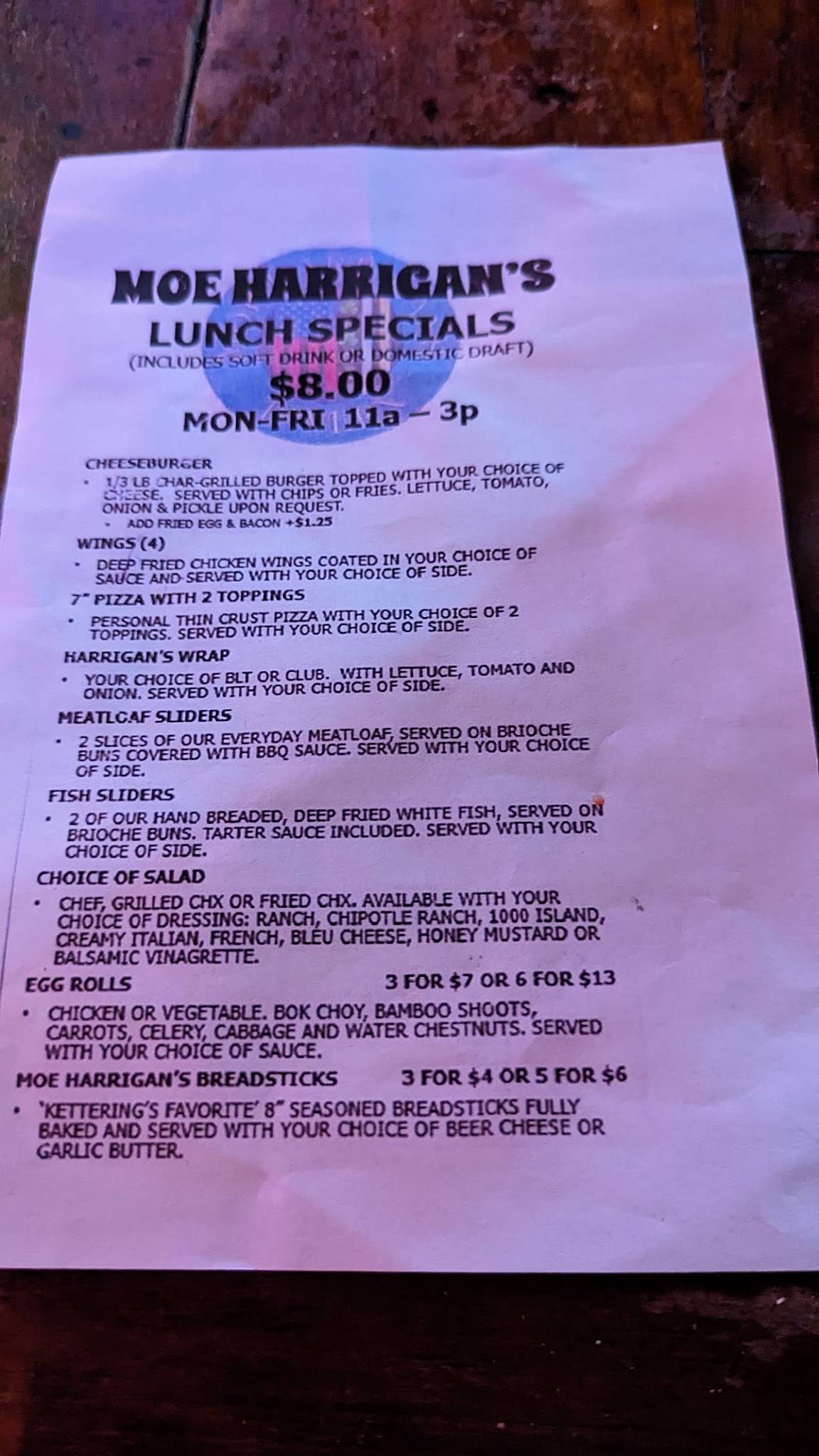 Menu at Harrigan's Tavern pub & bar, Kettering, Marshall Rd