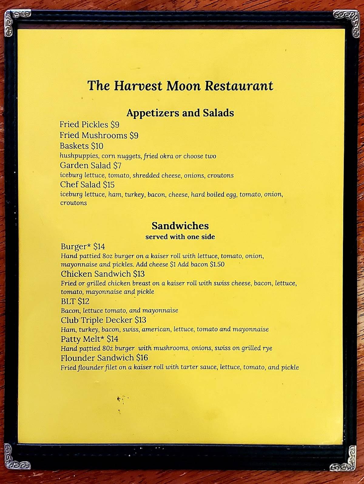 Menu at Harvest Moon Lowcountry Grille restaurant, Ravenel