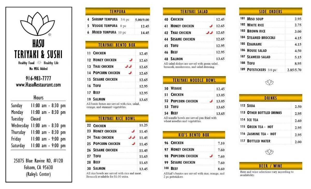 Menu at Hasu Teriyaki and Sushi restaurant, Folsom