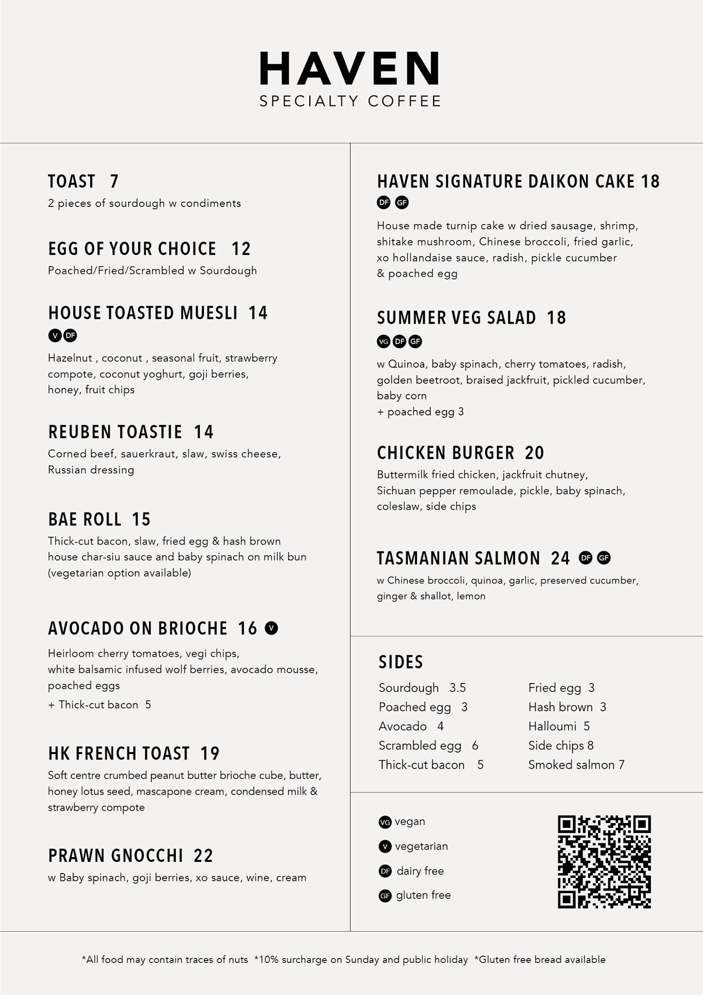 Menu at Haven Specialty Coffee cafe, Surry Hills, 30-34 Chalmers St
