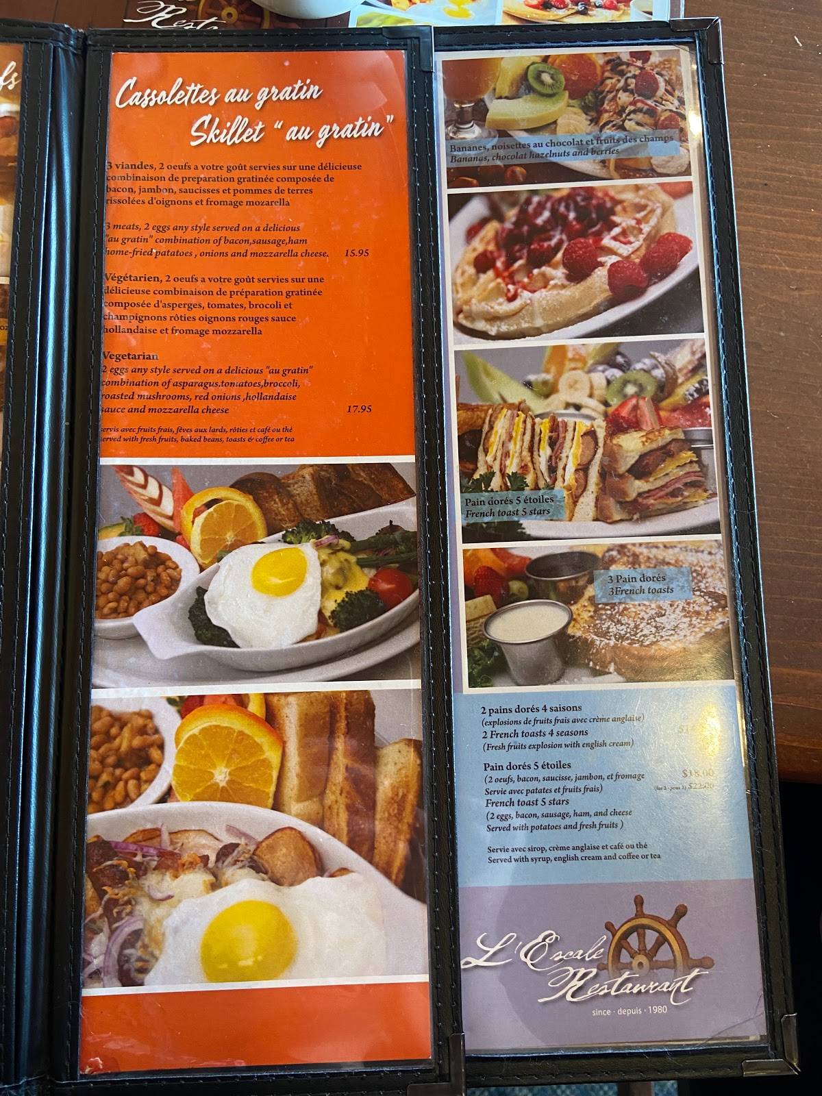 Menu at L'Escale Restaurant, Hawkesbury