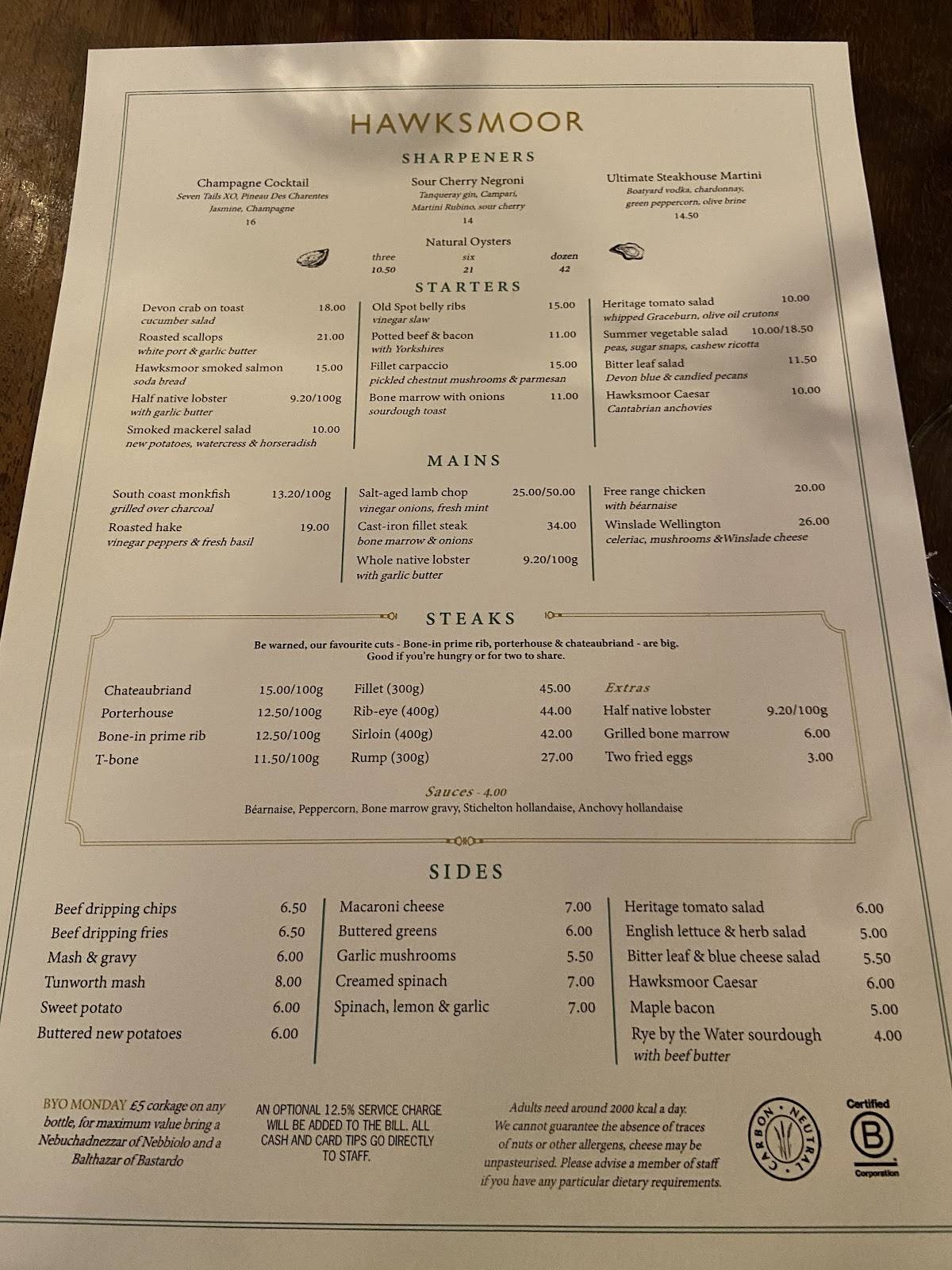 Menu at Hawksmoor Borough pub & bar, London