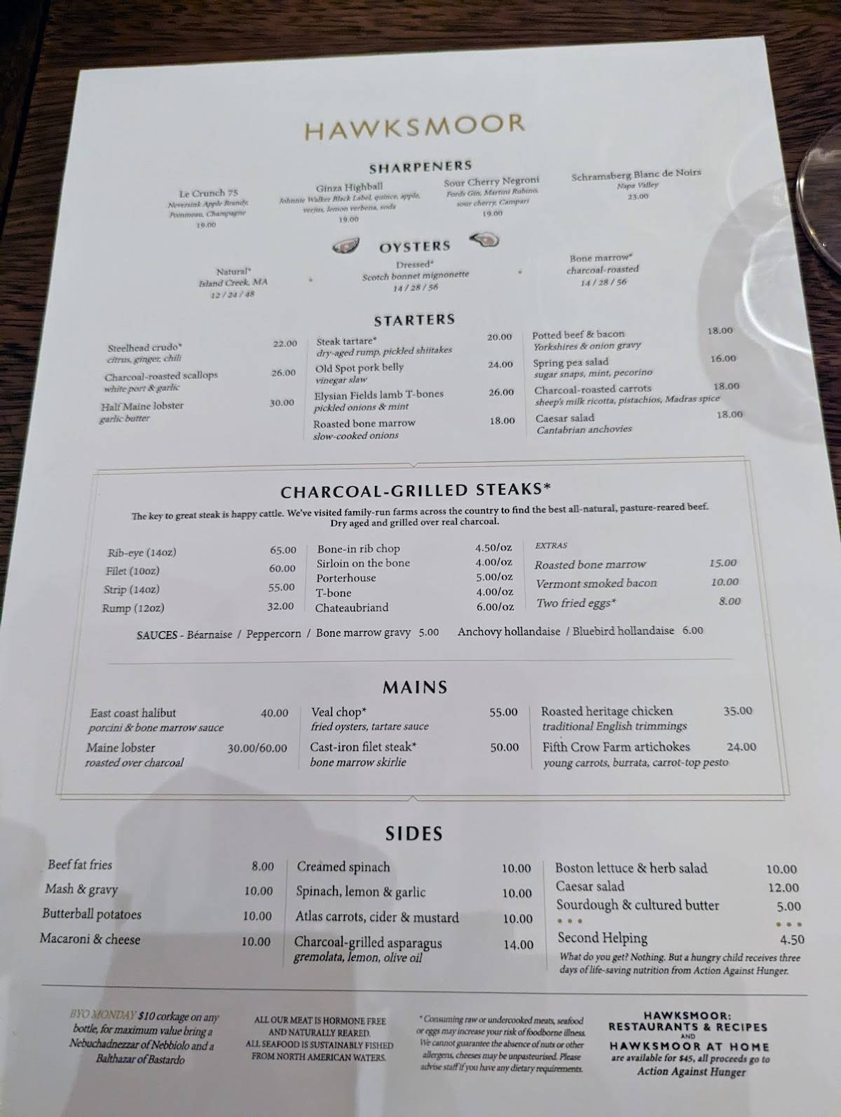 Меню стейк хауса Hawksmoor NYC, Нью-Йорк