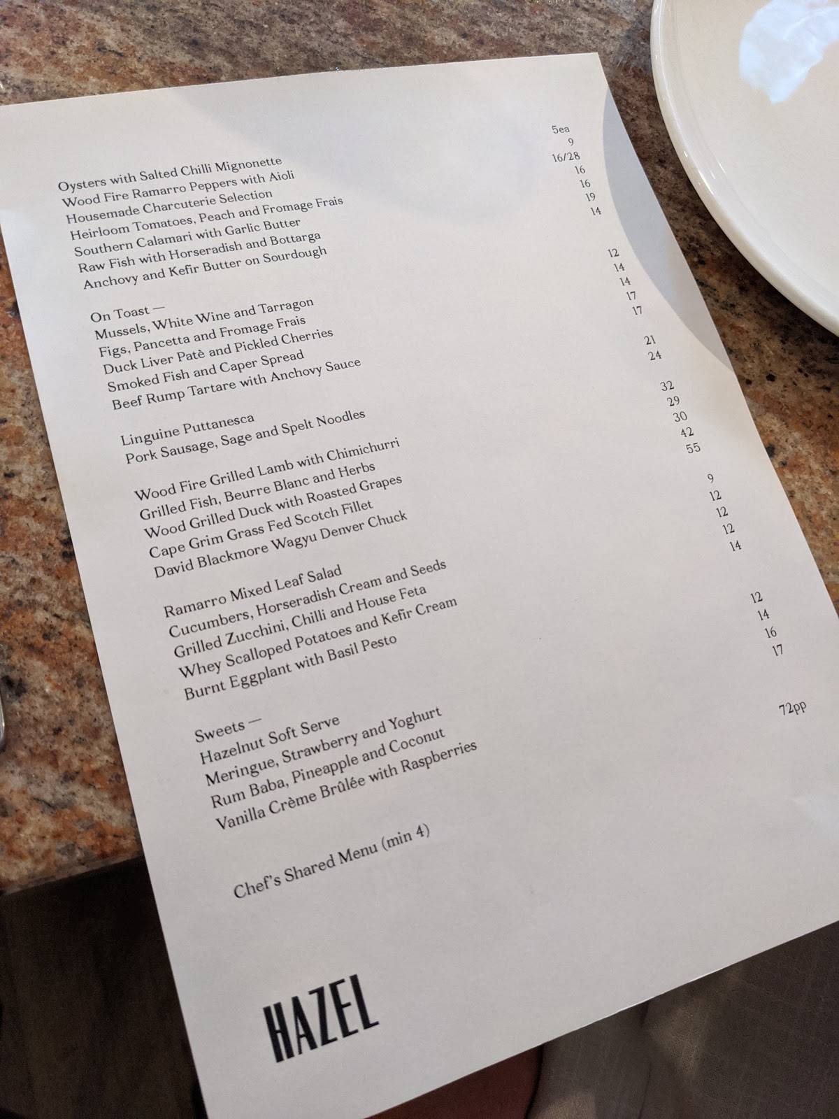 Menu at Hazel pub & bar, Melbourne