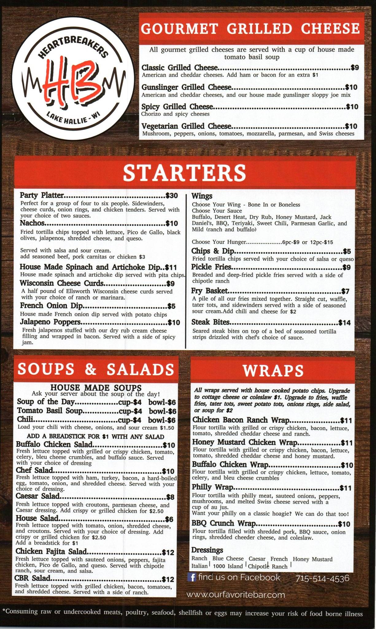 Menu at Heartbreakers pub & bar, Chippewa Falls