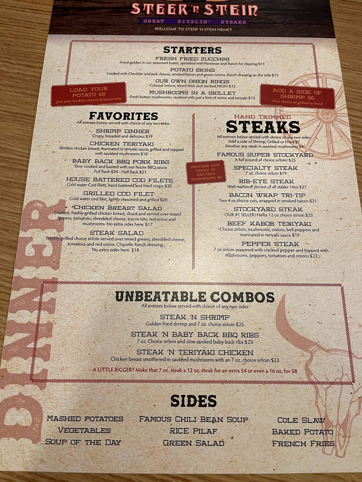 Menu at Steer 'n Stein Restaurant, Hemet