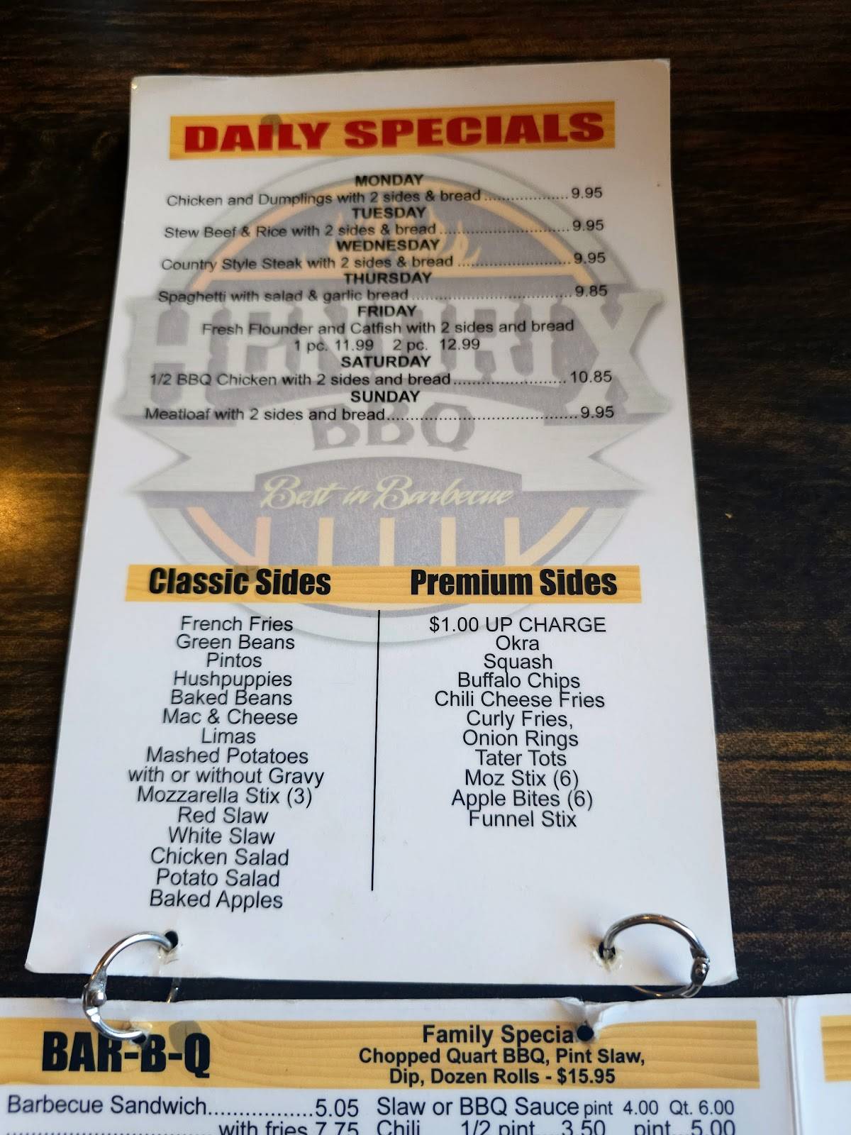 Menu at Hendrix Barbecue, Spencer, 615 Salisbury Ave