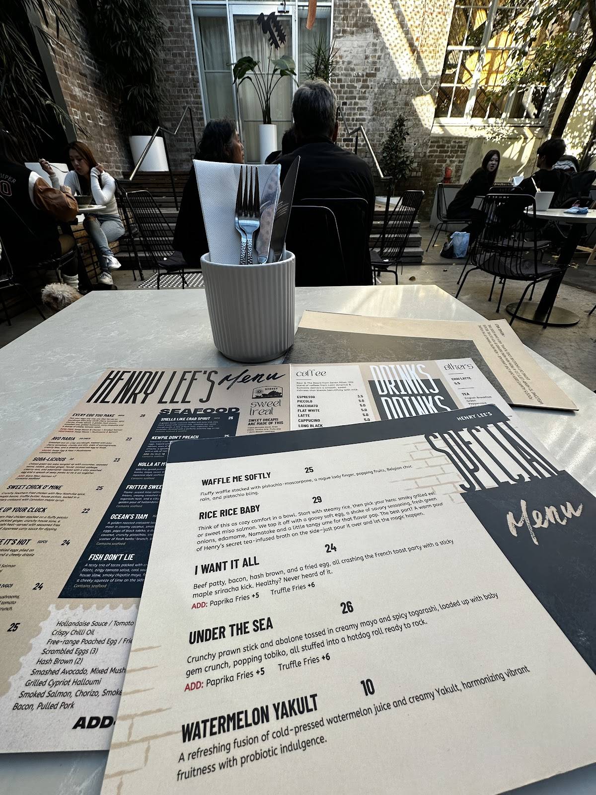 Menu at Henry Lee's Redfern cafe, Redfern