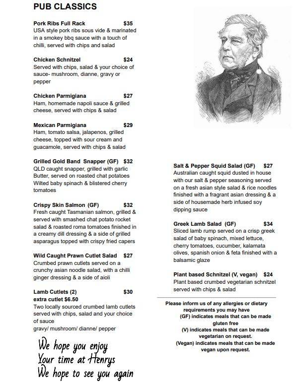 Menu at Henry Rous Tavern restaurant, Ballina