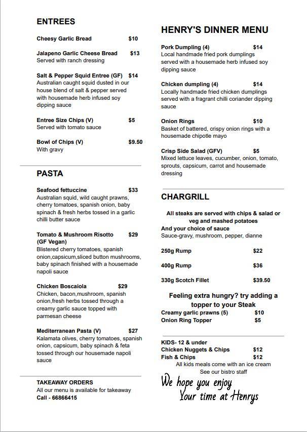 Menu at Henry Rous Tavern restaurant, Ballina