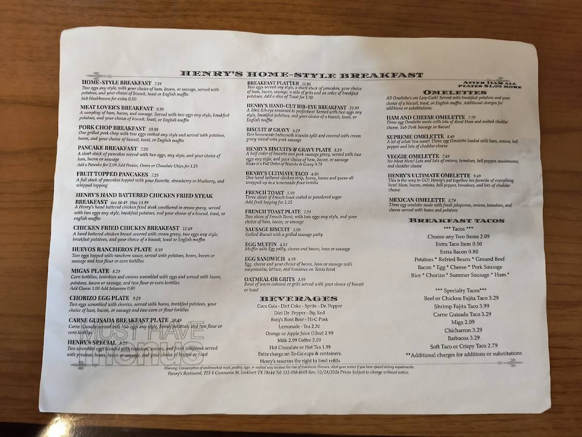 Menu at Henry's Restaurant, Lockhart
