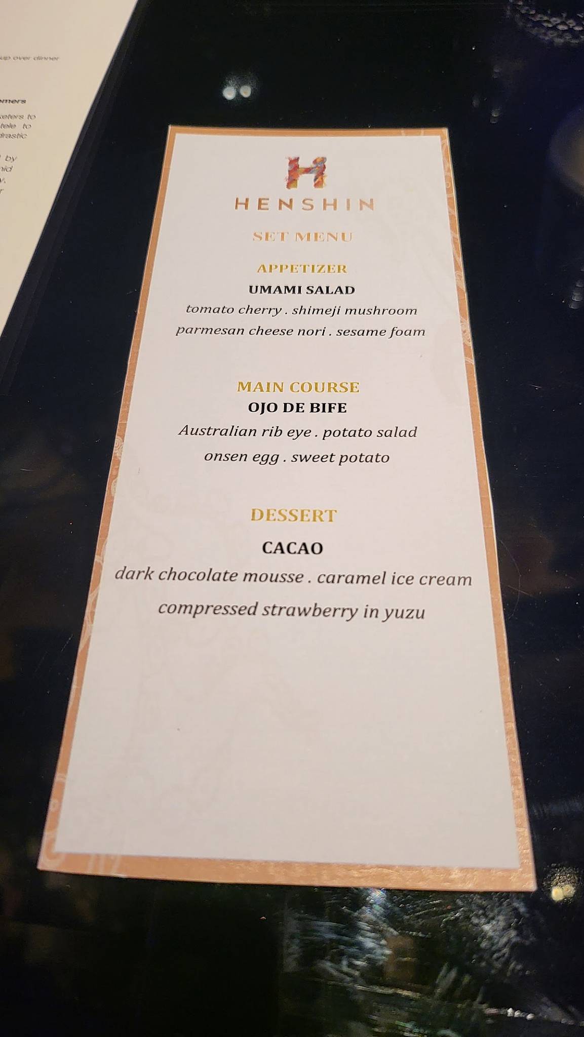 Menu at Henshin restaurant, South Jakarta