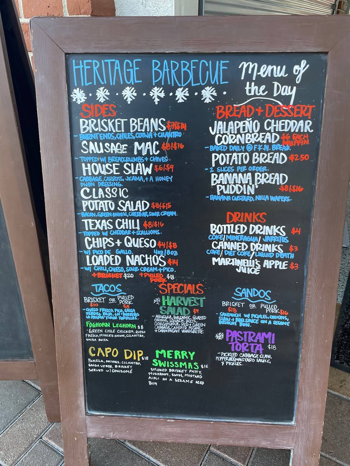 Menu at Heritage Barbecue, San Juan Capistrano