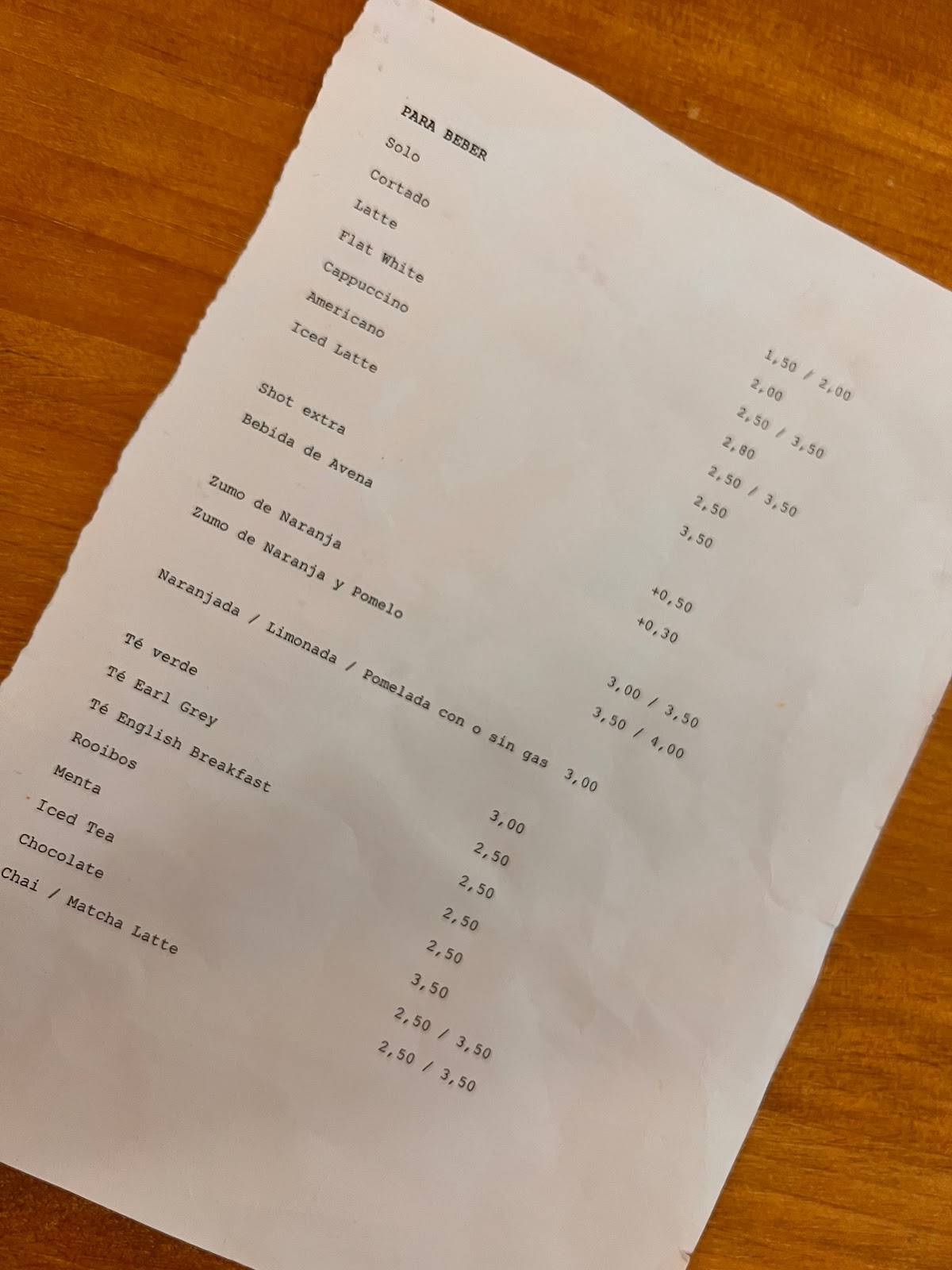 Carta de cafetería Hermanas Arce, Madrid
