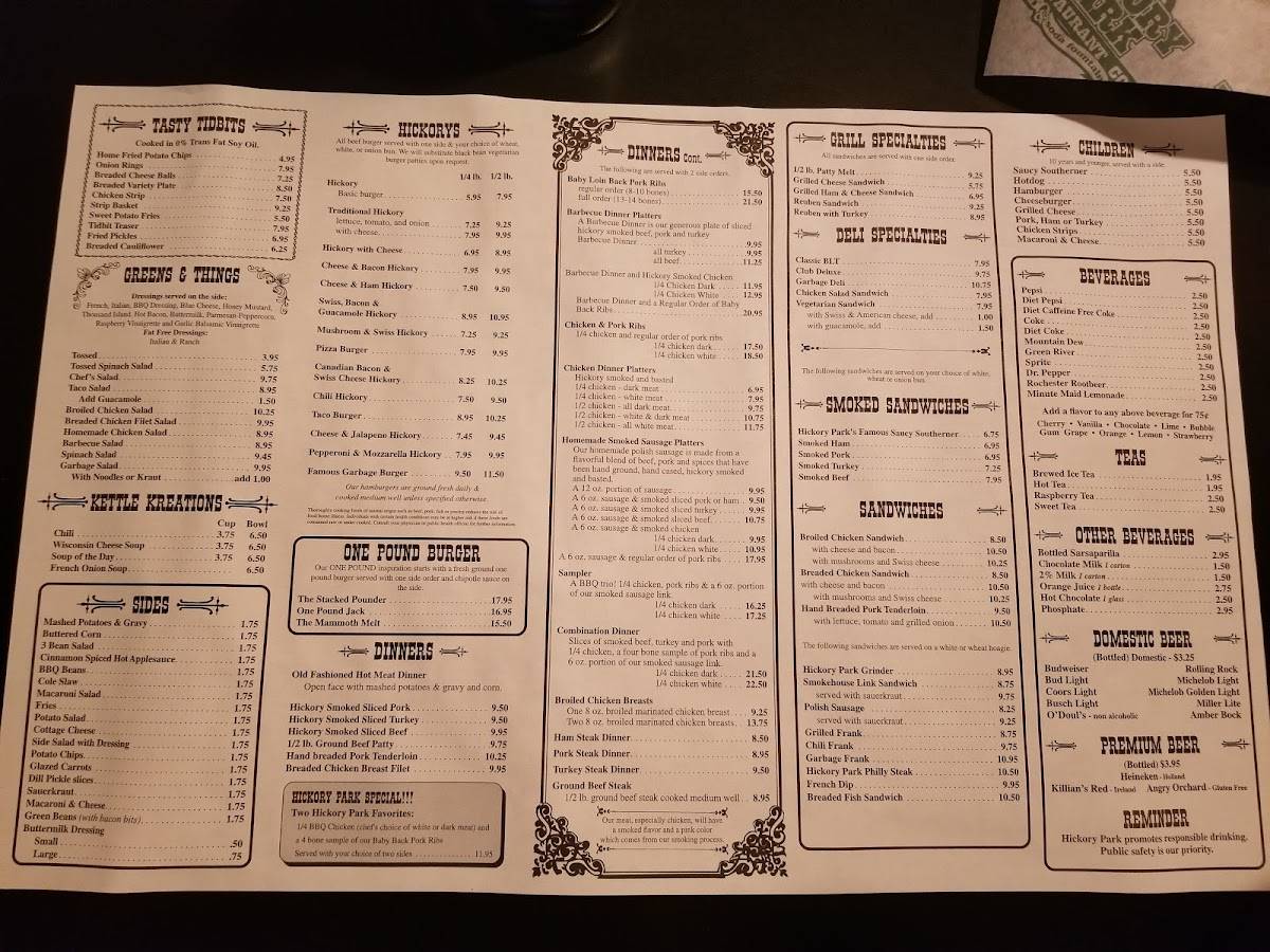 Menu at Hickory Park restaurant, Ames