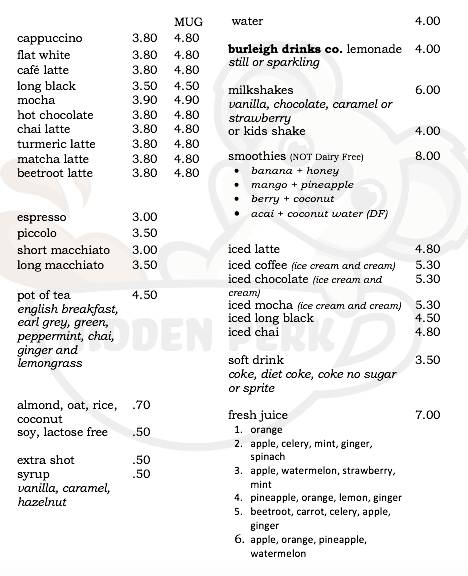 Menu at Hidden Perk cafe, Burleigh Heads, 15 Ikkina Rd
