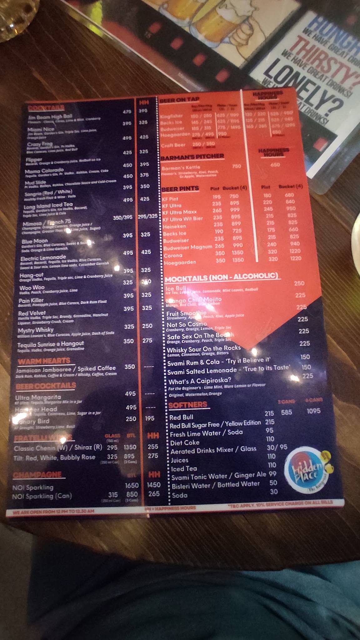 Menu at Hidden Place -The hang-out, Pune, Park Grandeur