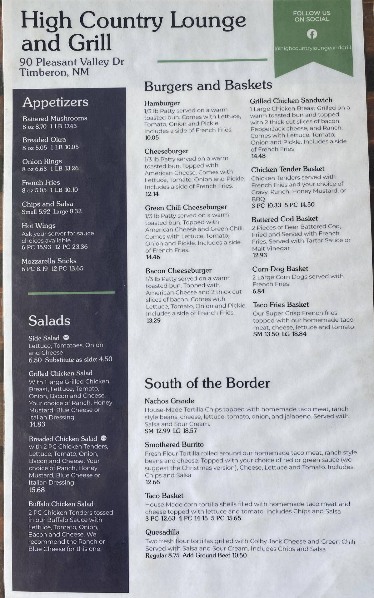 Menu at High Country Lounge & Grill pub & bar, Timberon