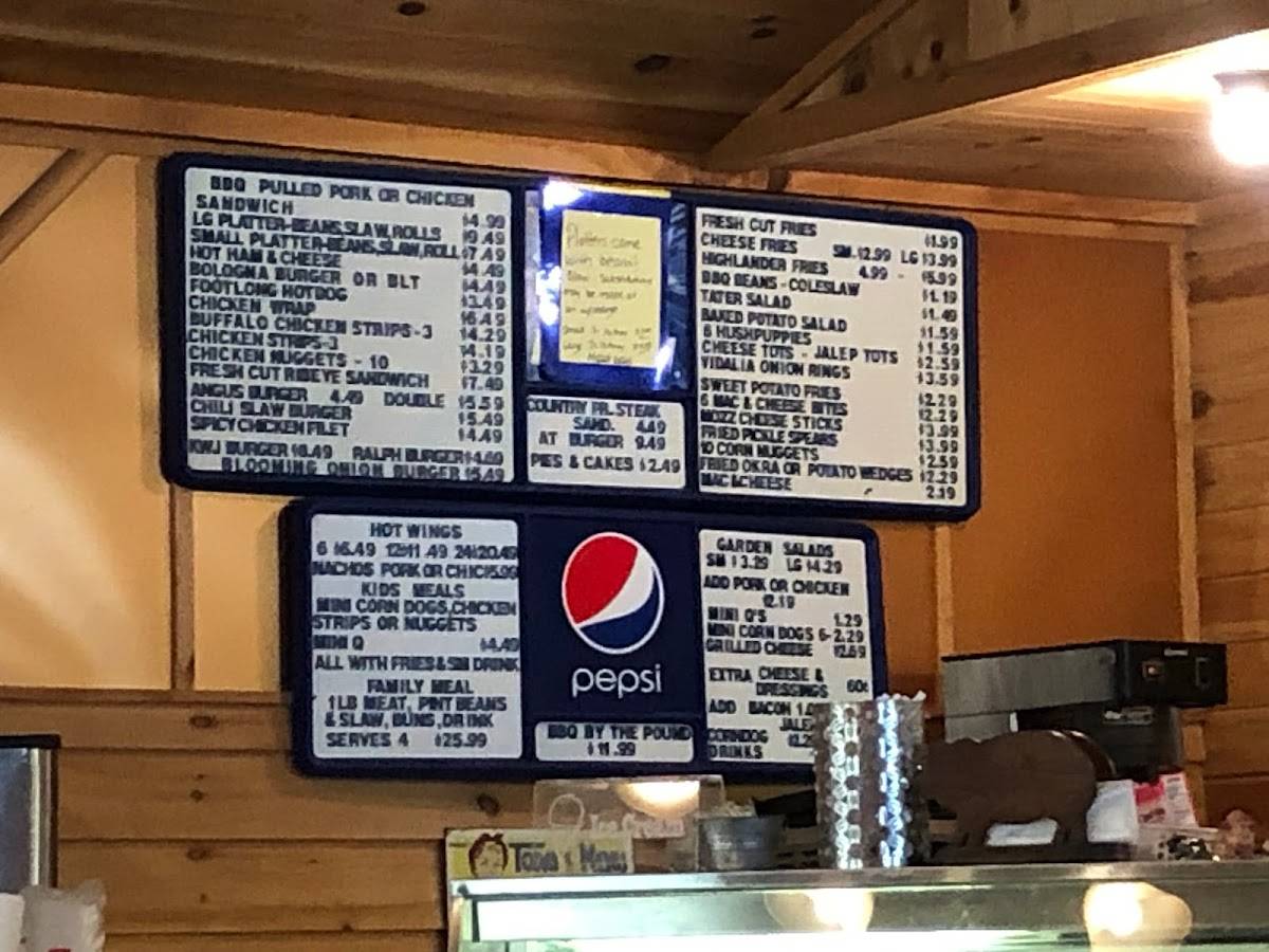 Menu at Highlander BBQ, Roan Mountain