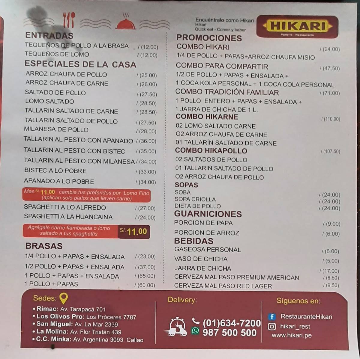Carta del restaurante Hikari San Miguel, San Miguel, Av. La Mar 2339