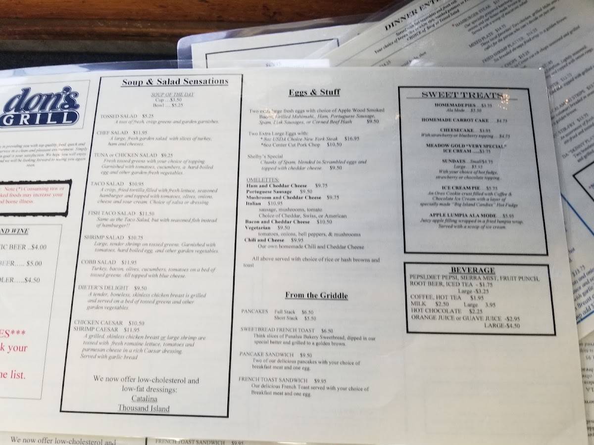 Menu at Don's Grill restaurant, Hilo