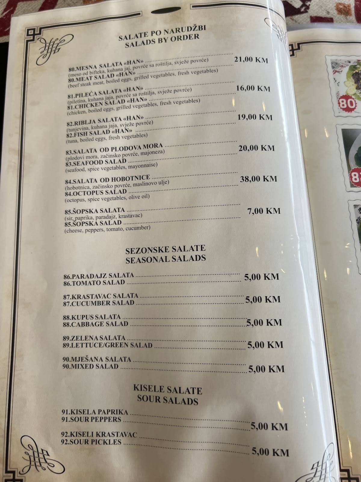 Menu at Hindin Han restaurant, Mostar