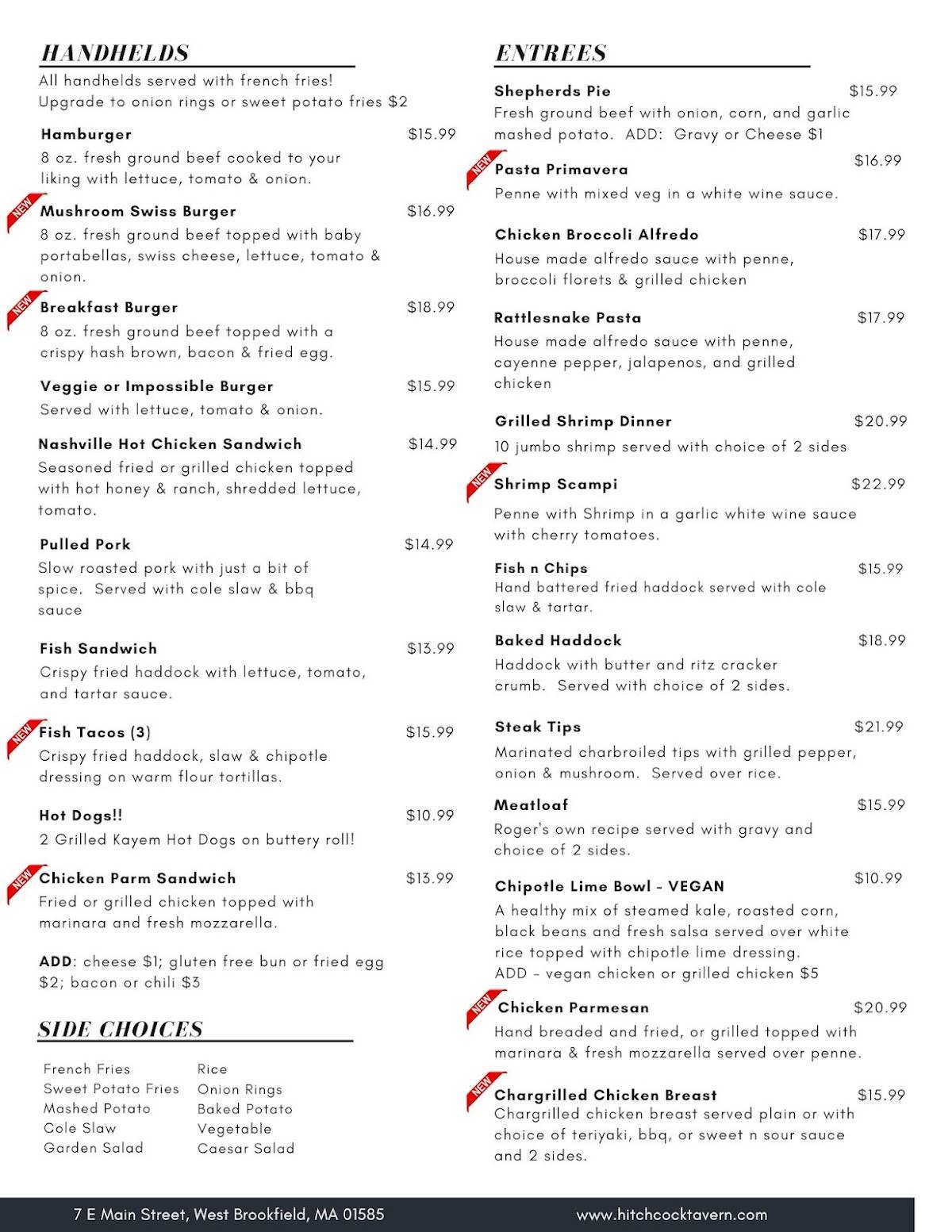 Menu at Hitchcock Tavern pub & bar, West Brookfield
