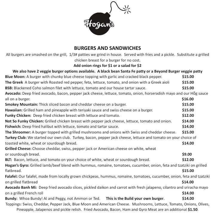 Menu at Hogan's pub & bar, Clarkston