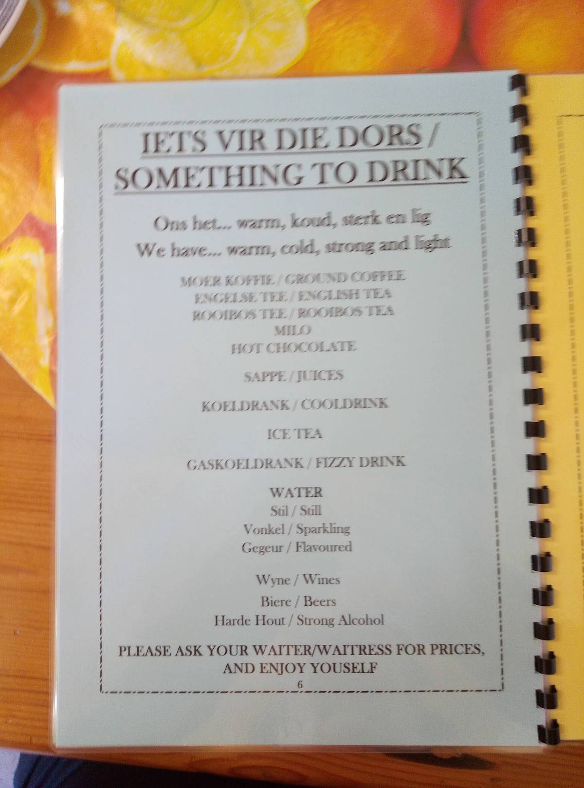 Menu at Hokaai Boerekos restaurant, South Africa